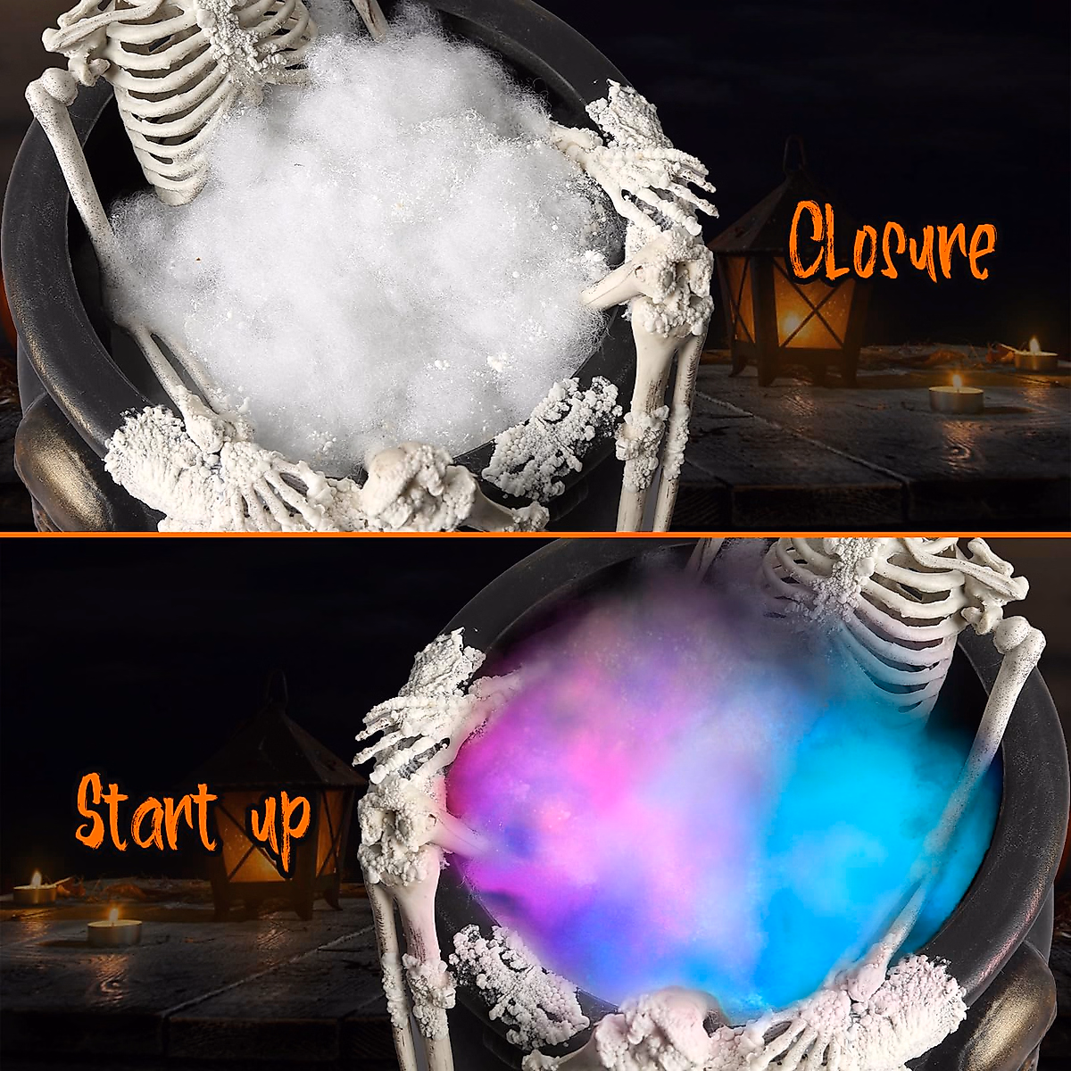 8" Cauldron Halloween Decorations Indoor, Skeleton Bathing Black Plastic Cauldron with LED Lights, Perfect Witch Cauldron Decor for Indoor Halloween Decorations Party & Haunted House Props