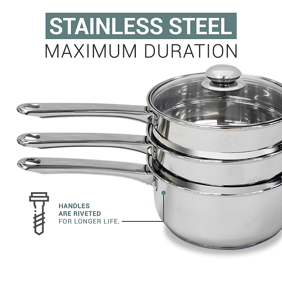 Double Boiler & Steam Pots for Chocolate and Fondue Melting Pot, Candle Making, Stainless Steel Steamer with Tempered Glass Lid for Clear View while Cooking, Dishwasher (3 Qts & 4 Pieces)