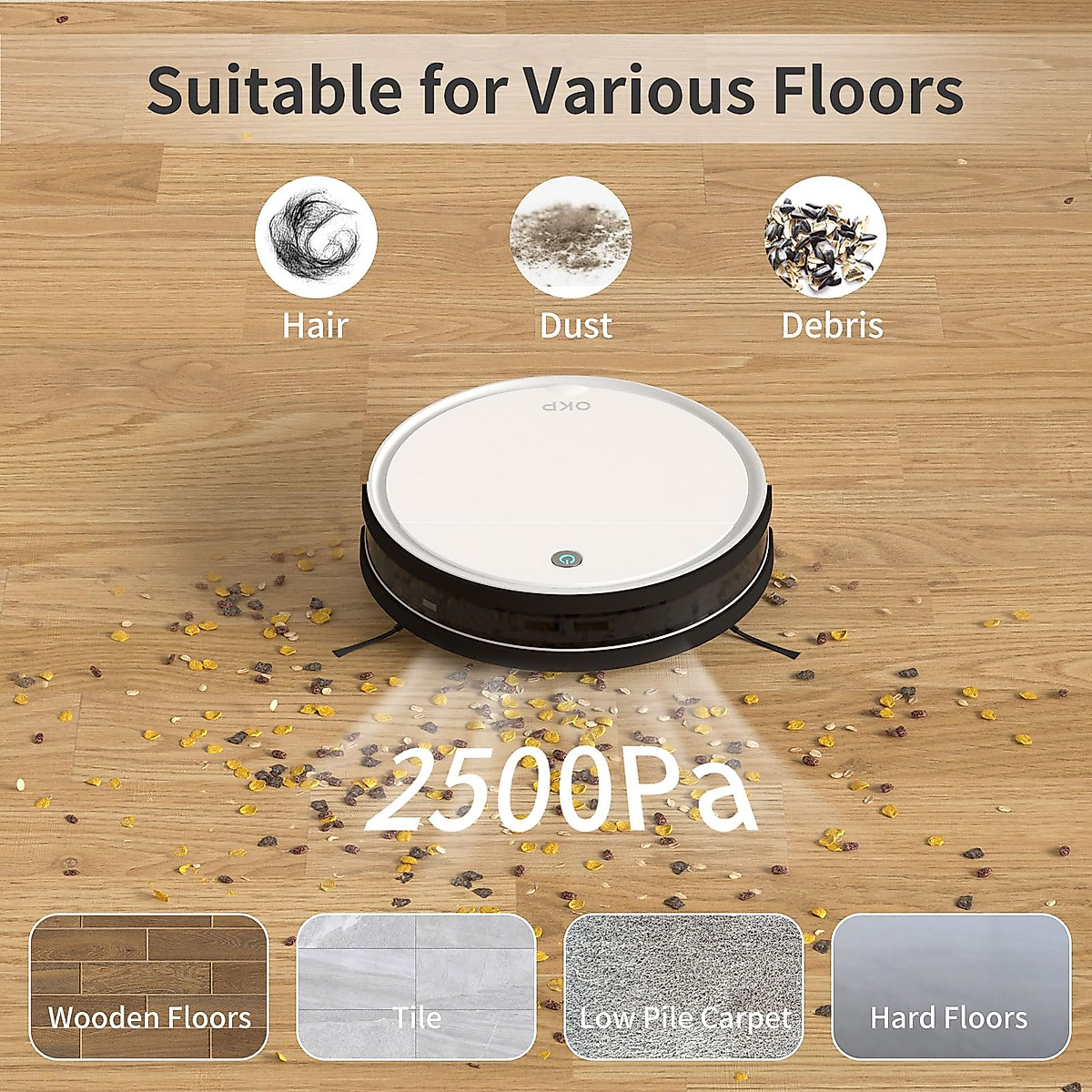 OKP Robotic Vacuum Cleaner 2500Pa, 120 Min Runtime, Robot Vacuum Cleaner with Schedule, WiFi/App/Alexa, Self-Charging, Slim Design, Quiet, Perfect for Hard Floors, Pet Hair, Carpets