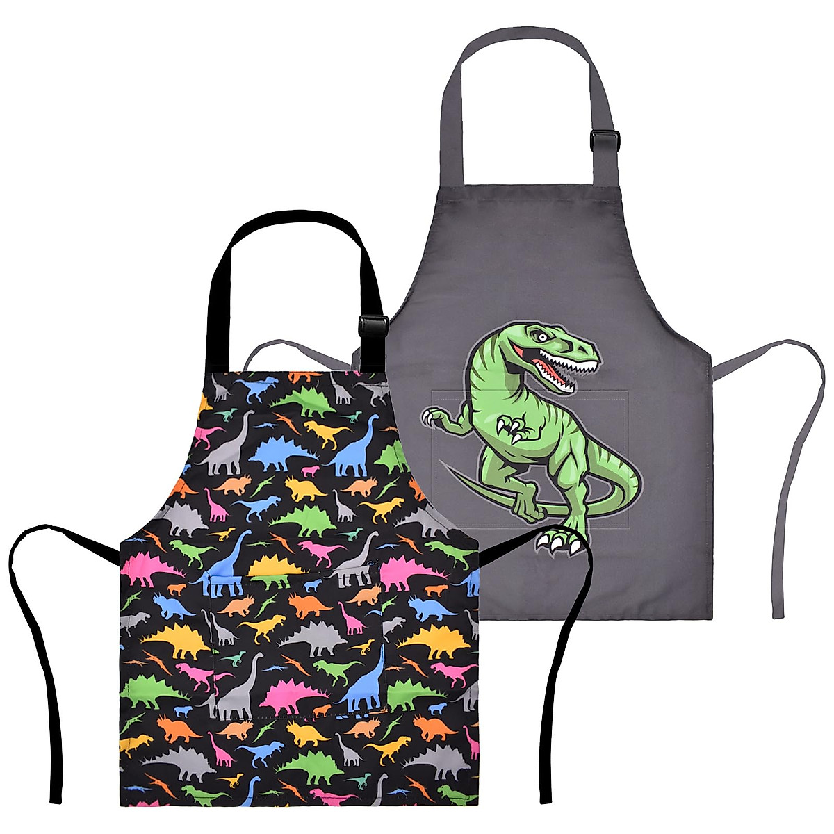 MRYUWB 2 Pack Boys Dinosaur Apron, Girls Rainbow Unicorn Aprons for Cooking, Painting, Kitchen Chef Apron for Kids 3-12 Years (Powerful Dinosaurs, Large (6-12 Years))