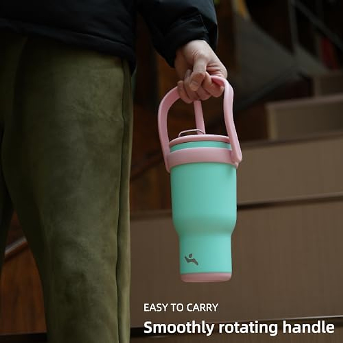 Konokyo 30 oz Tumbler with Side Handle, Insulated Water Bottle with Straw and 2 in 1 Lid, Stainless Steel Cup Travel Coffee Mug for Sports Office Gym,Brown