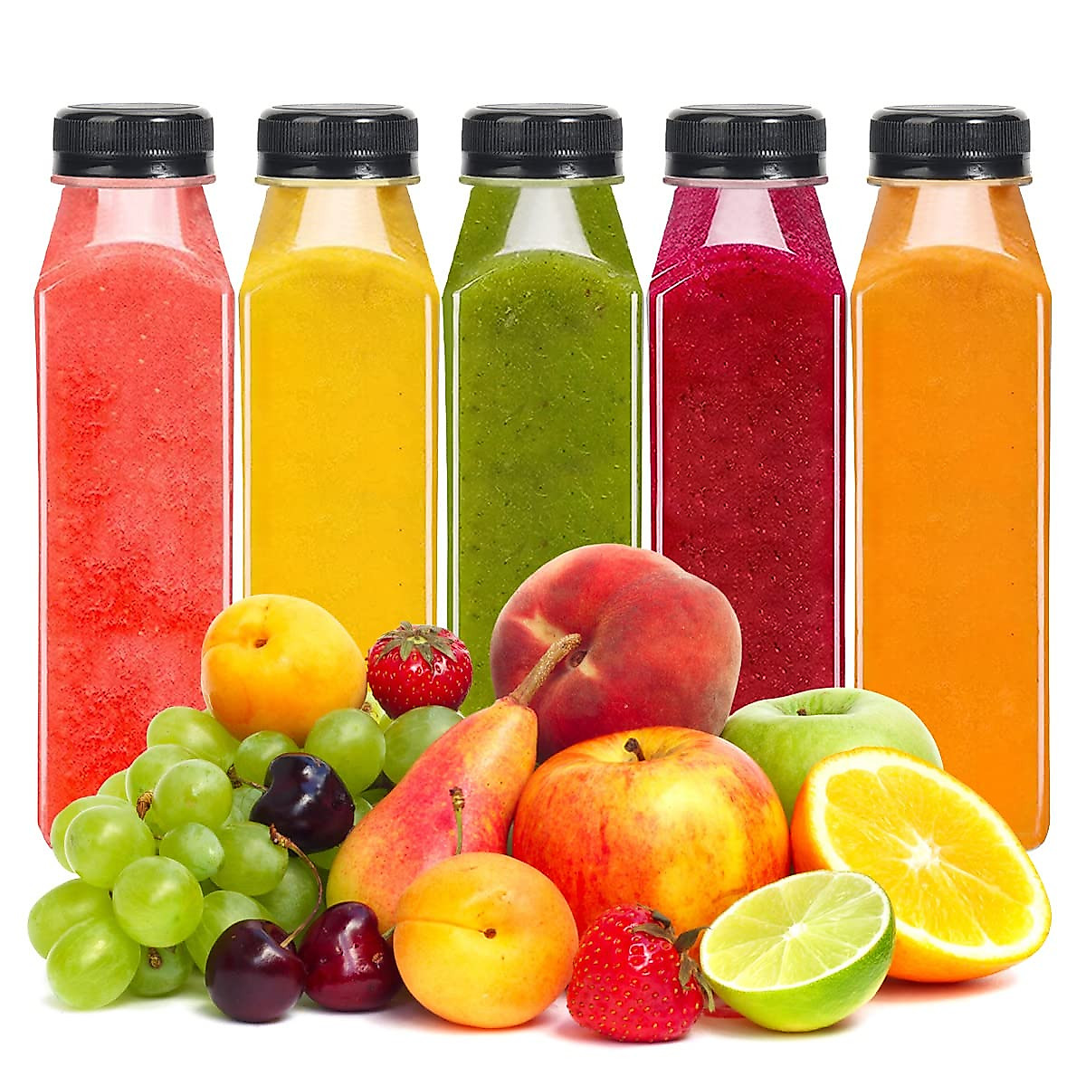 24 Pack 12OZ Plastic Juice Bottles with Caps, OAMCEG Juice Containers with Lids for Fridge, Reusable Smoothie Bottles, Empty Clear Bulk Beverage Container with Black Tamper Evident Lids (Square, 12oz)