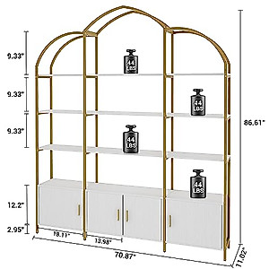 Semoic Triple Wide 5-Tier Gold Bookshelf, 70.87" L x 86.61" H Extra Bookcase with Storage Cabinet, Modern Etagere Bookcase Tall Open Display Shelf for Home Office, Gold&White