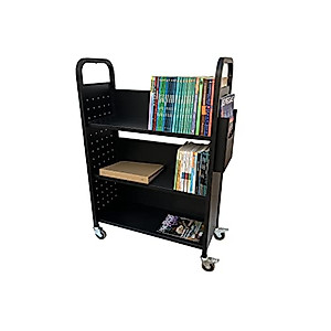 Workington Rolling Book Truck Book Cart with 3 Flat Shelves, Library Book Cart with Swivel Lockable Casters 3001 Black