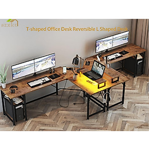 SZXKT L Shaped Gaming Desk with Power Outlets and Monitor Stand, Computer Desk with LED Lights,Home Office Desks Large Writing Study Table Workstation with Hooks Desk for Bedroom, Rustic Brown