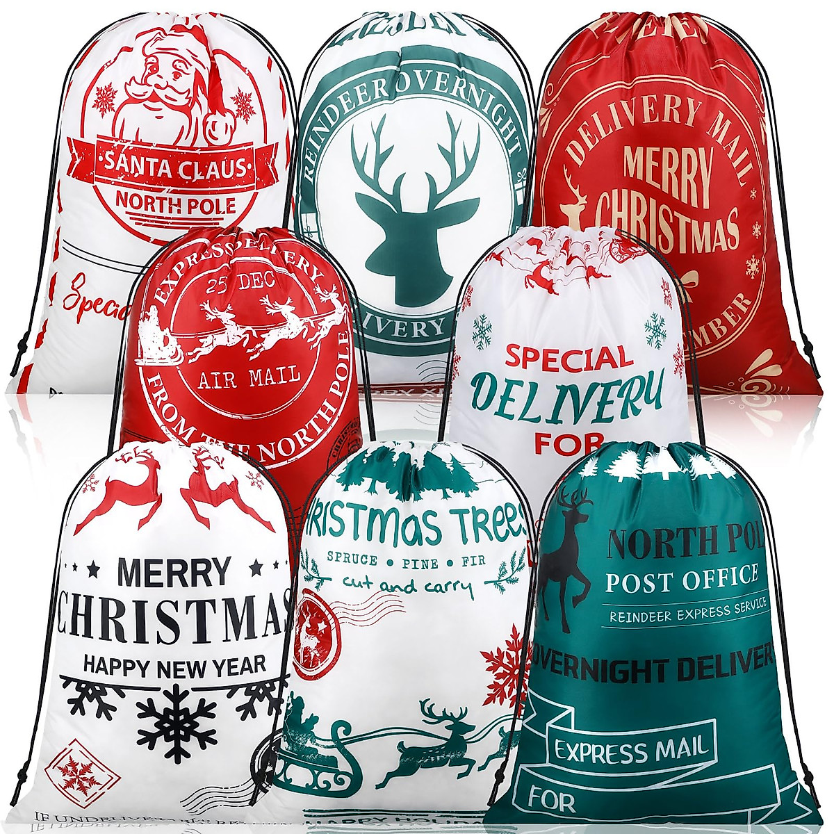 Abbylike 8 Pcs Large Christmas Santa Gift Bags, Jumbo Santa Sacks Christmas Drawstring Gift Bags Polyester Fabric Xmas Gift Sacks for Event Party Supplies Christmas Party Favors(26 x 19 Inch)