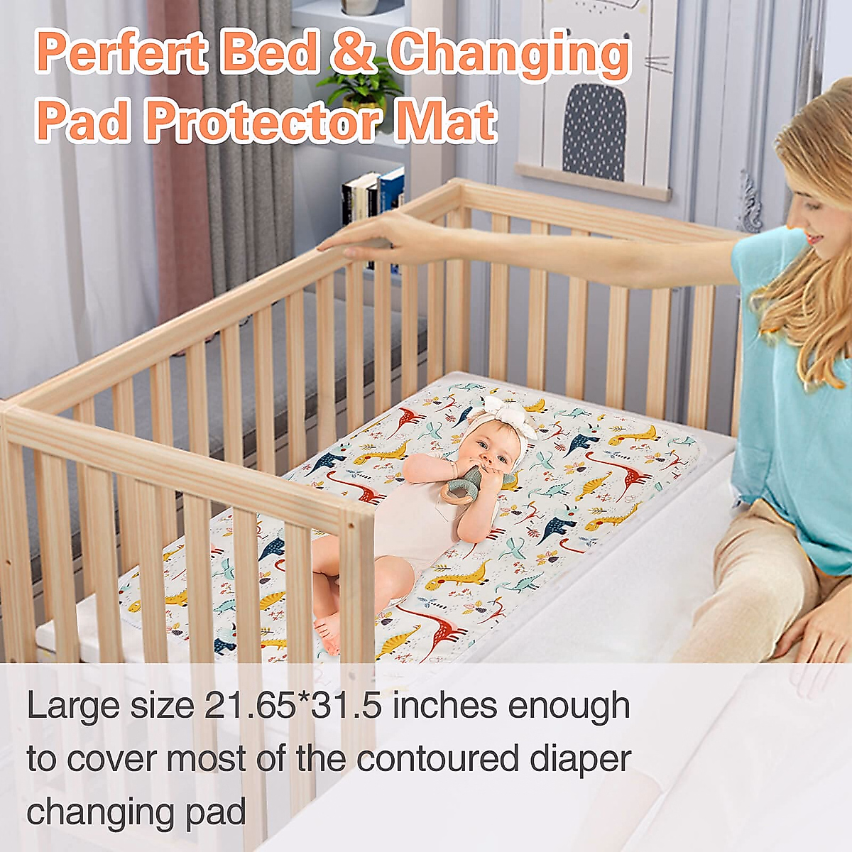 Baby Diaper Changing Pad, 21 5/8" x 31.5" Waterproof Changing Pad Liners 2Pack - Reusable Soft and Absorbent Portable Changing Mat(Dinosaur2PCS)