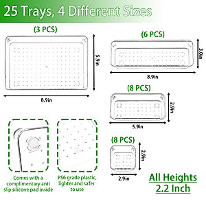 Yieach 25 Pc Clear Plastic Drawer Organizer Set,4 Sizes In Drawer Organizer Trays for Bathroom,Office,Kitchen Cabinet and Vanity Organizers,Desk Drawer Organizer Bins for Jewelry,Cosmetic,Utensil,Junk