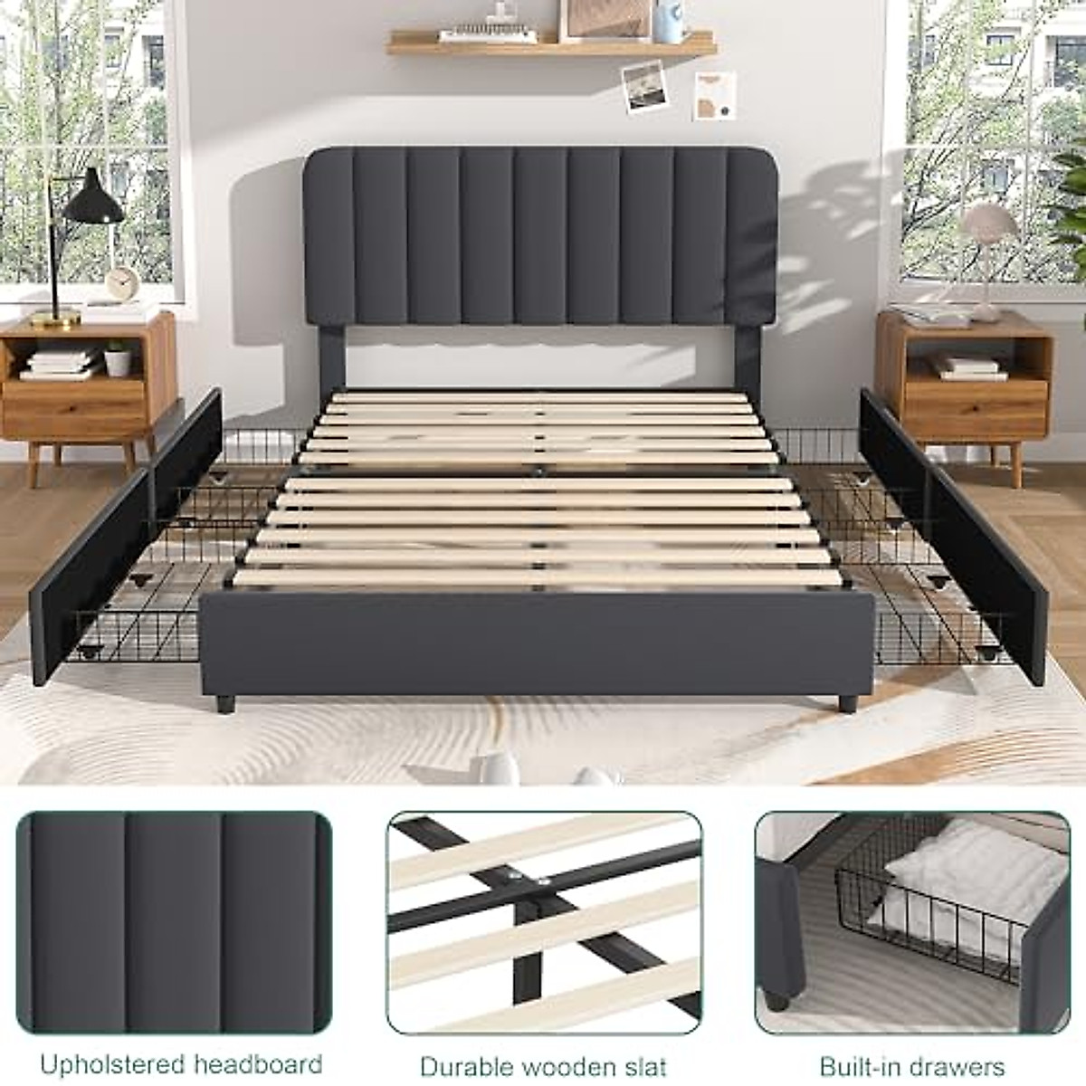 VECELO Queen Size Upholstered Bed Frame with 4 Drawers and Adjustable Headboard, Velvet Platform Storage Bedframe Mattress Foundation, Wooden Slats Support, No Box Spring Needed, Dark Grey