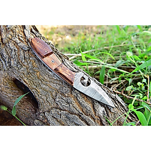 Damascus Hunting Knife - Handmade Knife, Hand Forged Fixed Blade Knife, Camping Knife & Hunting Knives - Gift Knives & Bowi Knives with Rose Wood Handle - Leather Knife Sheath