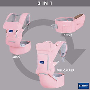 BabyPro Ergonomic Baby Carrier with Hip Seat, 6 in 1 All Season Baby Sling for Newborns Infants Toddlers, Hands Free Baby Wrap Front and Backpack for Traveling, Hiking and Breastfeeding (Pink)