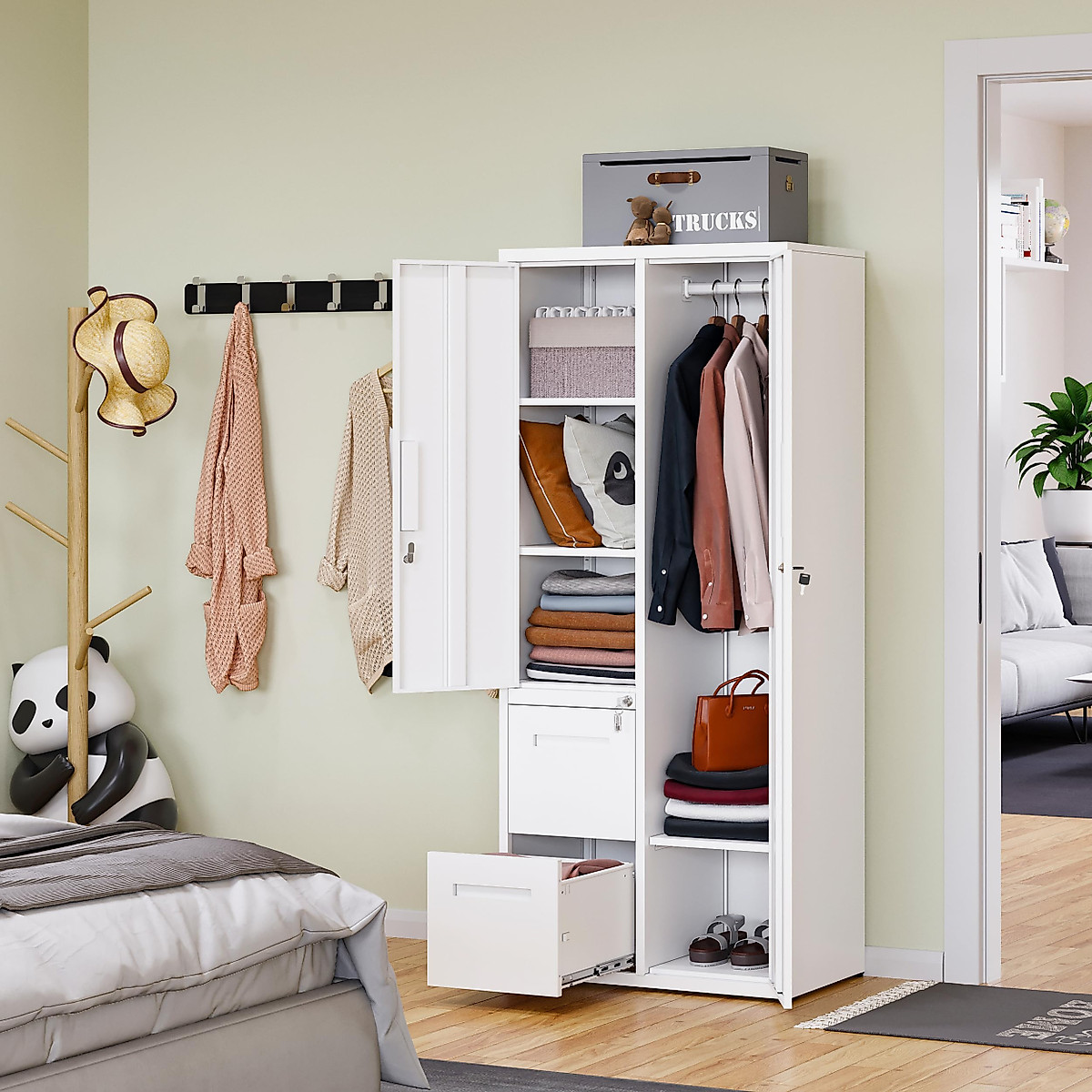 PEUKC Metal Storage Cabinets with Locking Doors, 67" Freestanding Clothing Coat Storage Wardrobe Lockers for Office, Home, School, Garage, Gym (White)