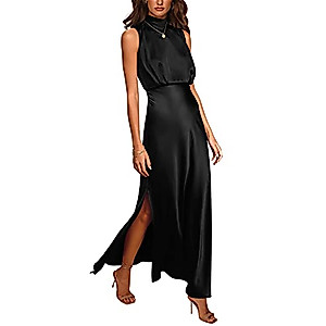 PRETTYGARDEN Women's Long Formal Satin Dress Mock Neck Sleeveless Side Slit Flowy Maxi Tank Dresses (Black,Medium)