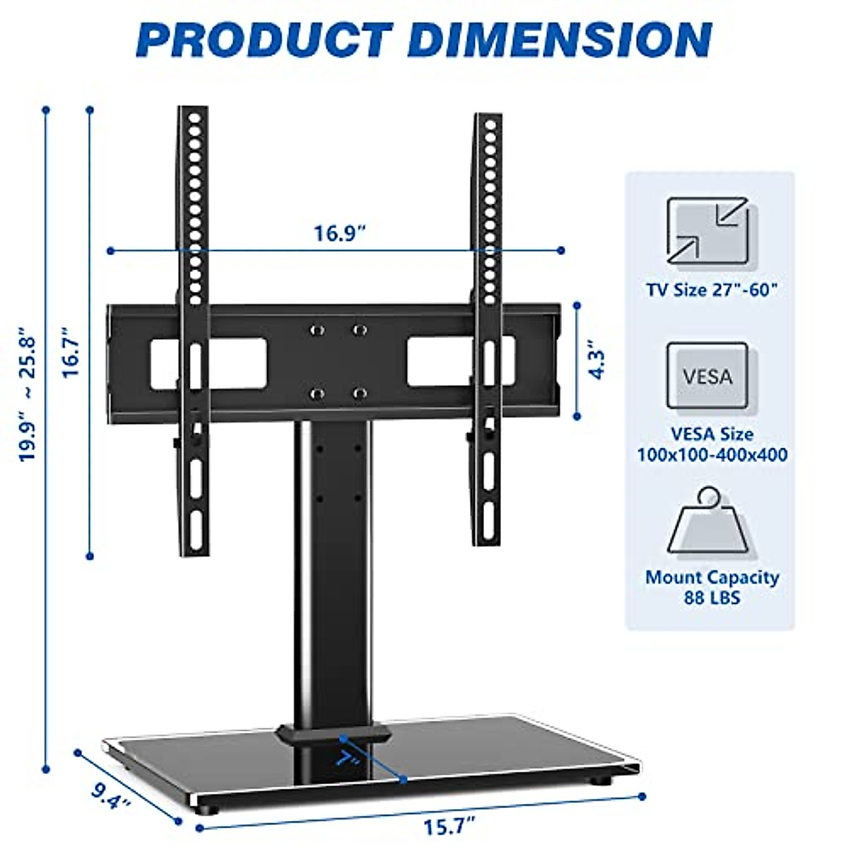 Rfiver Universal Table Top TV Stand TV Base Replacement for Most 27 30 32 39 40 42 43 49 50 55 60 Inch LCD LED Plasma Flat Screen TVs, Vesa Mount Holds up to 88 lbs, Height Adjustable