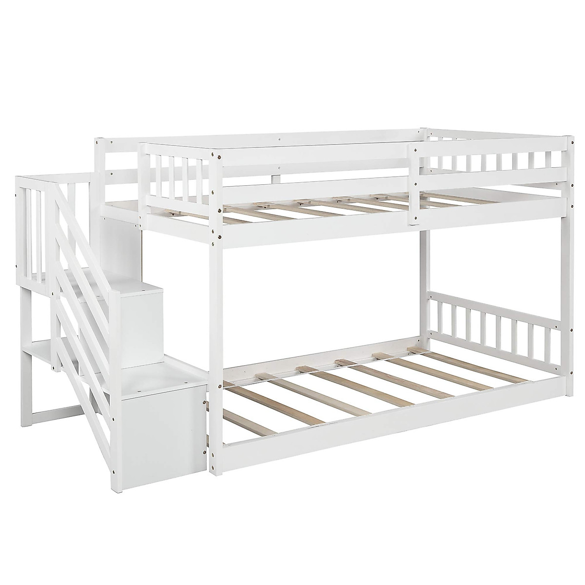 SOFTSEA Twin Over Twin Low Bunk Bed with Stairs Solid Wood Floor Bunk Beds for Boys and Girls Floor Bunk Bed No Box Spring Required (White)