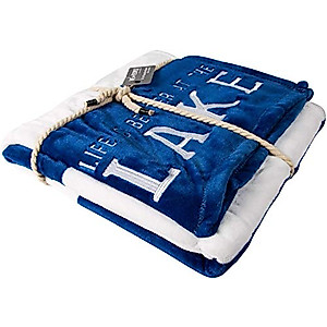 Pavilion Gift Company Life is Better at The Lake-Blue & White Super Soft 50 x 60 Inch Striped Throw Embroidered Text 50" x 60" Royal Plush Blanket, Blue
