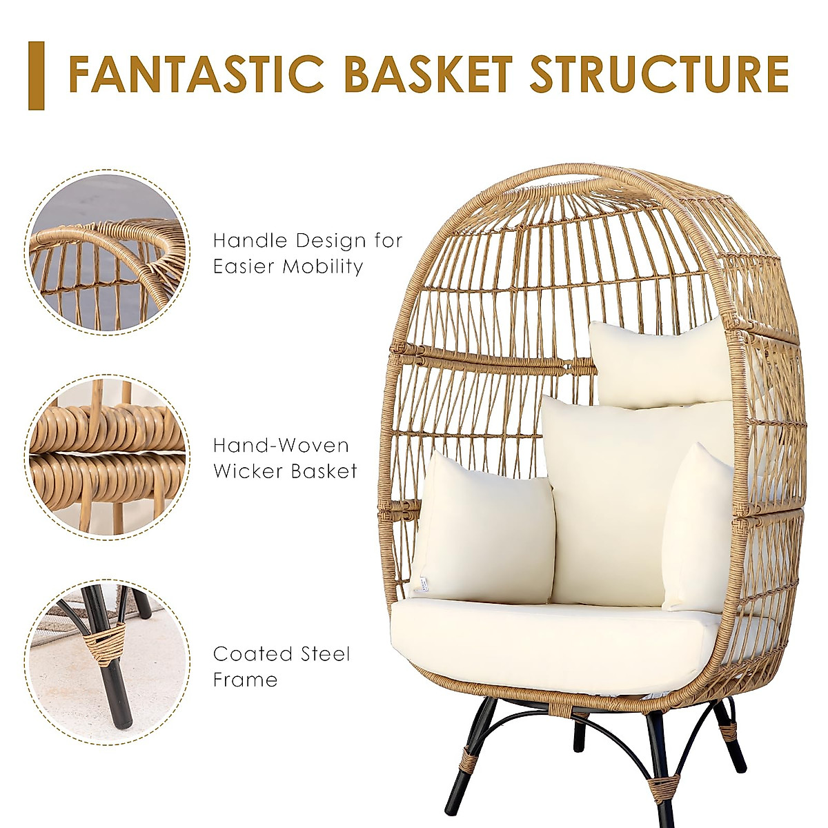 FINCATI Outdoor Indoor Egg Chair, 440lb PE Rattan Wicker Oversized Lounger Egg Basket Chair with Cushion, Patio Stationary Egg Chair for Bedroom Backyard Living Room Beige