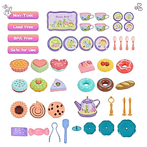 Yosamy 45Pcs Tea Party Set for Little Girls Princess Tea Time Toy Playset Ocean/Dinosaur Theme Kids Tea Set with Desserts & Carrying Case Kitchen Pretend Toy for Kids Toddlers Age 3 4 5 6 (Dinosaur)