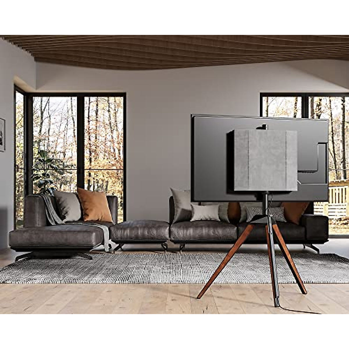 FITUEYES Design Corner TV Stand for 37 43 50 55 65 Inch TV, Tripod TV Stand Modern Easel TV Floor Stand for LED LCD Screens with Concealed Storage Wood Iron TV Furniture, Picasso Series