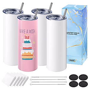 Hiipoo Sublimation Tumblers Bulk 20 oz Skinny, Stainless Steel Double Wall Insulated Straight Tumbler Cups Blank White with 4 Lids, 4 Straws and Brushes,5 Shrink Wrap Films(4 Pack )