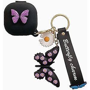 Compatible with Samsung Galaxy Buds Pro/Galaxy Buds Live Case with Butterfly Keychain, Protective Silicone Kids Teens Girls Women Funny Kawaii Fashion 3D Cute Cover for Galaxy Buds Pro/Live - Black