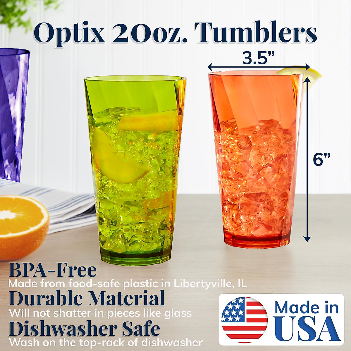 US Acrylic Optix 20 ounce Plastic Water Tumblers in Jewel Tone Colors | Set of 8 Drinking Cups | Reusable, BPA-free, Made in the USA, Top-rack Dishwasher Safe