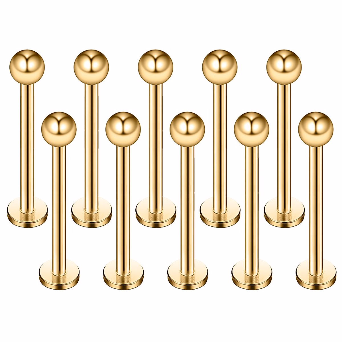 Ruifan 10PCS 16G Gold Plated 316L Stainless Steel 3mm Ball Labret Monroe Lip Ring Tragus Helix Cartilage Earring Stud Barbell 12mm Bar Length Body Piercing Jewelry