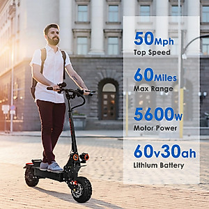 Adult Electric Scooter Series Dual Drive 5600W Motor, Max Speed 50mph, Max Range 50~56 Miles, All Terrain Off-Road Tires, Electric Scooter with Detachable Seat