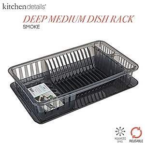 Kitchen Details Medium Dish Rack with Tray | Plastic | Dimensions: 17.6" x 10.75" x 3.75” | 12 Plate | Kitchen Accessories | Cutlery Basket | Grey | Sink Accessories