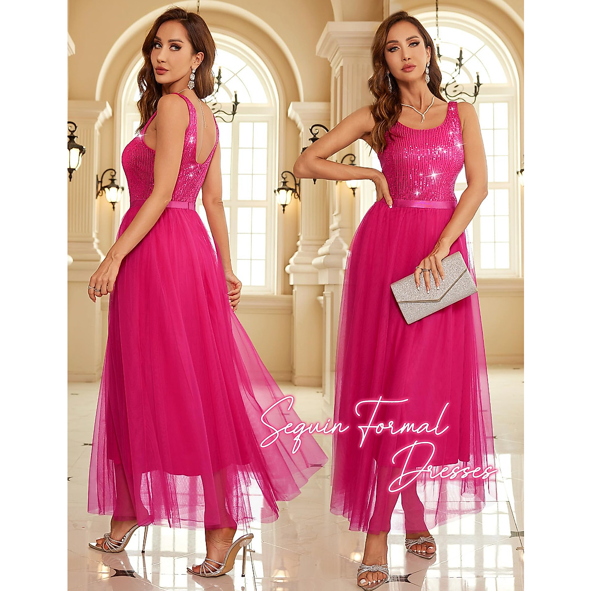 BeryLove Women's Long Sequin Party Dress Sleeveless Boat Neck Prom Wedding Homecoming Dresses for Teens Cocktail Evening Gown S001 Rose Red M