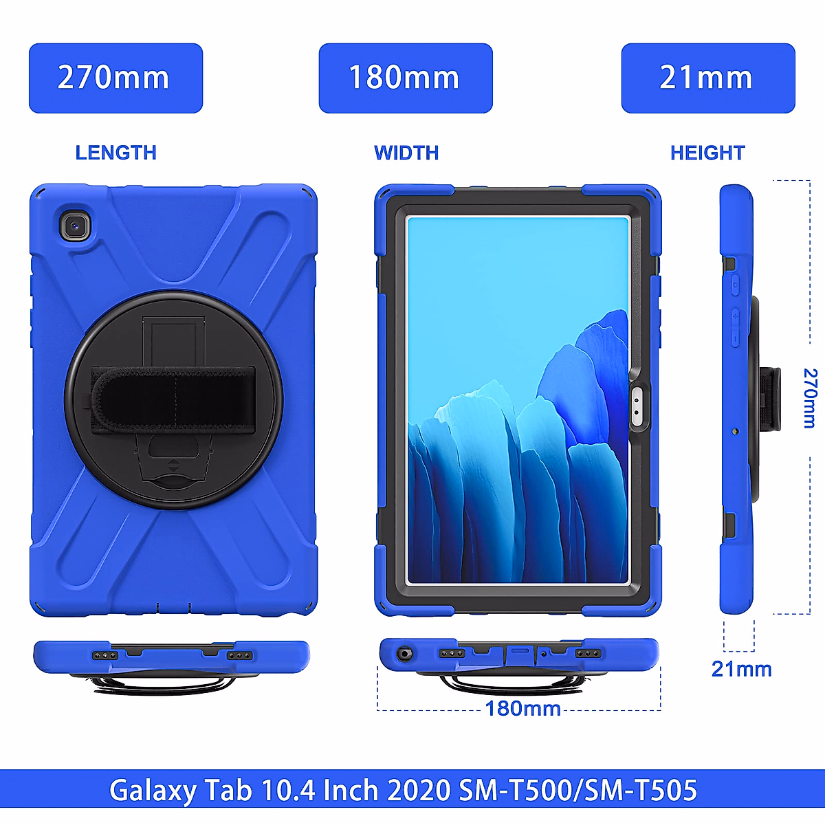 Rugged Case for Samsung Galaxy Tab A7 10.4" 2022/2020(SM-T500/T503/T505/T507/T509), Portable Hybrid Shock-Proof Cover with 360° Rotatable Hook&Loop Handle,Shoulder Strap (Blue)