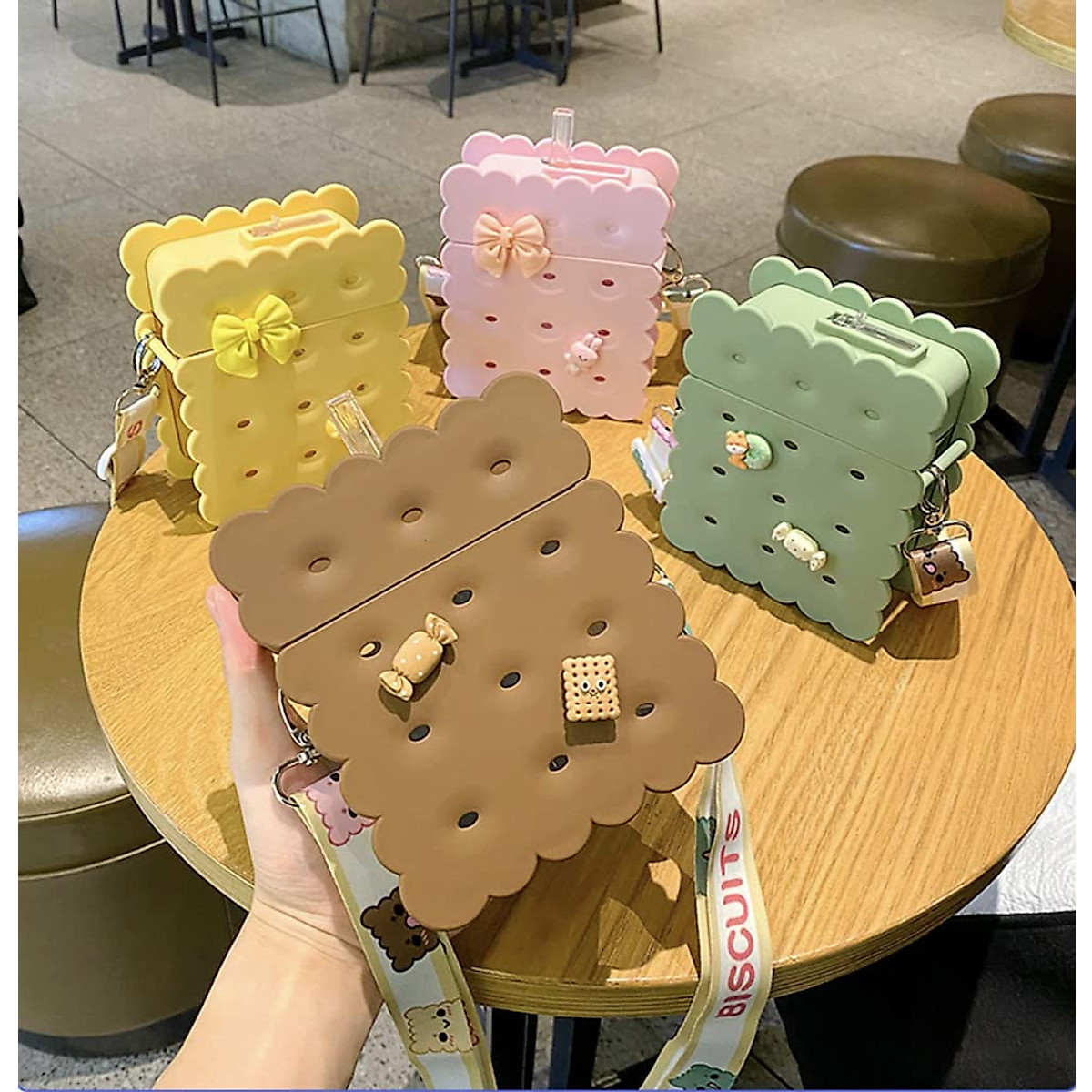 Kawaii Biscuit Water Bottle with Straw Lid and Strap Novelty Water Bottle for Kids Girls Outdoor Sports School Supplies Cute Aesthetic Birthday Gifts Cookie Leak-proof Water Bottle BPA Free (Pink)