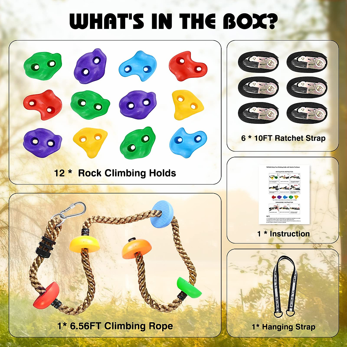 12 Ninja Tree Climbing Holds and 6.56FT Climbing Rope for Kids, Tree Climber Climbing Kit for Outdoor Ninja Warrior Obstacle Course Training