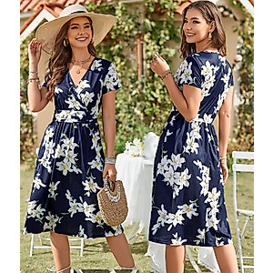 OUGES Women's Summer Short Sleeve V-Neck Pattern Knee Length Dress with Pockets Casual Summer Dress Sundresses for Women 2025(floral01,L)
