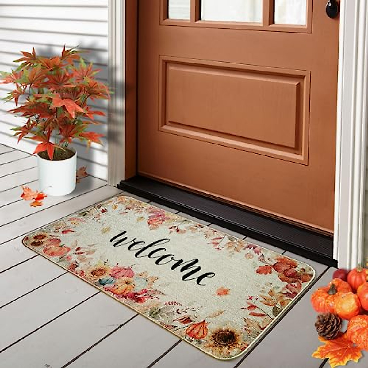 Voanos Fall Welcome Door Mat，Autumn Maple Leafs Pumpkins Theme Outdoor Entrance Doormat Non-Slip Rubber Matt for Indoor Fall Decor 17 x 30 Inch