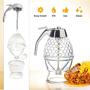 Hunnibi Honey Dispenser PLUS - No Drip Glass with STAINLESS STEEL TOP - Syrup Dispenser Glass - Beautiful Honey Pot - Honey Jar with Stand