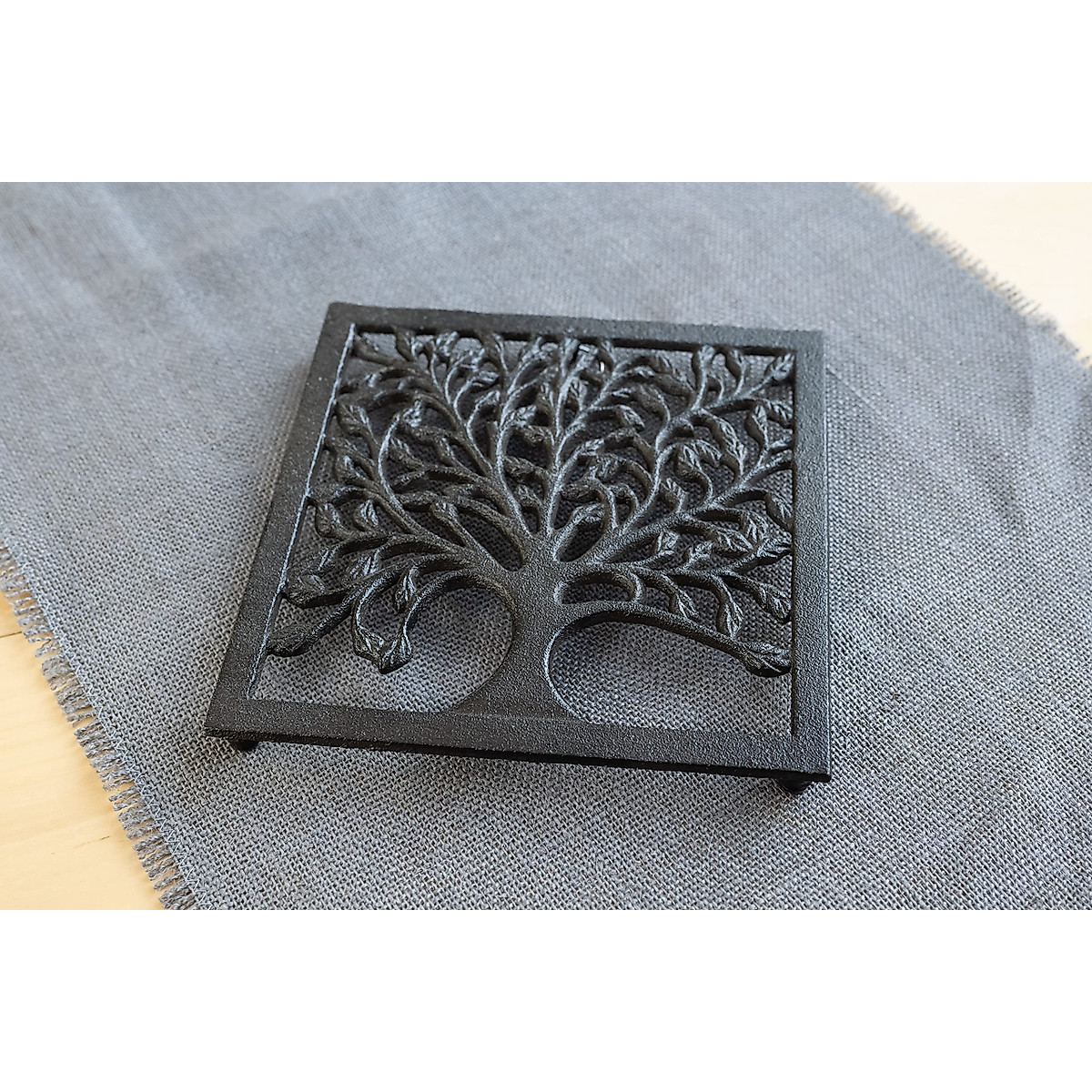 GASARÉ, Cast Iron Trivet for Hot Dishes, Pots, and Pans, Metal Trivet, Family Tree Design, Rubber Feet Caps, Ring Hanger, 8 Inches, Brown, 1 Unit