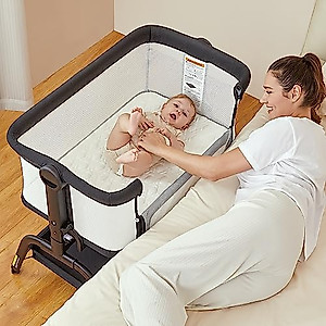 BabyBond Baby Bassinet, 3 in 1 Bassinet Bedside Sleeper with Soft Mattress and Sheet, 6 Height Adjustable Cosleeper Bedside Crib, 4-Sided Mesh Bedside Bassinet for Baby