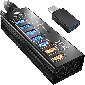 SmartDelux Powered USB Hub - USB 3.0 Ports Hub with 3 Smart Charging Ports, Power Adapter, Long Cord, LEDs (7-Port USB Hub)