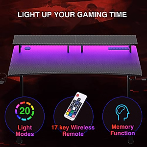 SEVEN WARRIOR Gaming Desk 55INCH with LED Lights & Power Outlets, Carbon Fiber Surface Computer Gamer Desk with Full Desk Mouse Pad, Ergonomic Y Shaped Leg Gamer Table with Monitor Stand