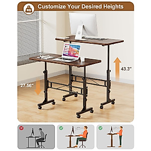 Small Standing Desk Adjustable Height, Mobile Stand Up Desk with Wheels, 32 Inch Portable Rolling Desk Small Computer Desk, Portable Laptop Desk Standing Table Rustic
