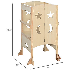 Qaba Wooden Kitchen Step Stool for Kids, Foldable Toddler Tower, Helper Stool for Kitchen Counter with Support Handles Safety Rail, Natural Wood