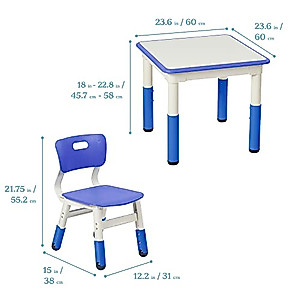 ECR4Kids Dry-Erase Square Activity Table with 2 Chairs, Adjustable, Kids Furniture, Blue, 3-Piece