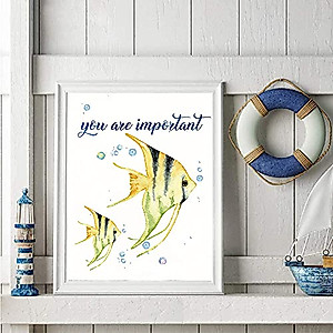 SUUURA-OO Inspirational Words Texture of Dreams Watercolor Sea marine life Art Print Set of 6 (8”X10”), Sea Turtle Seahorse fish whale Jellyfish Watercolor Wall Poster, Blue Ocean Theme Nursery Kids Room Wall Decor