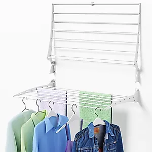 ZMBESUP Wall Mounted Clothes Drying Rack, 40" Wide with 7 Stainless Steel Rods Drying Rack for Hanging Clothes Space Saving Design, 60 lb Capacity Foldable Laundry Clothes Drying Rack White