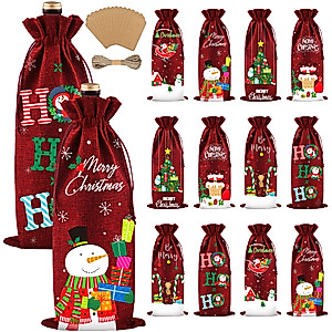 MIMIND 12 Pieces Christmas Burlap Wine Bags Xmas Buffalo Plaid Wine Gift Bags with Drawstrings, Gift Tags & Ropes Xmas Burlap Wine Bottle Covers for Xmas Holiday Party Supplies, Burgundy