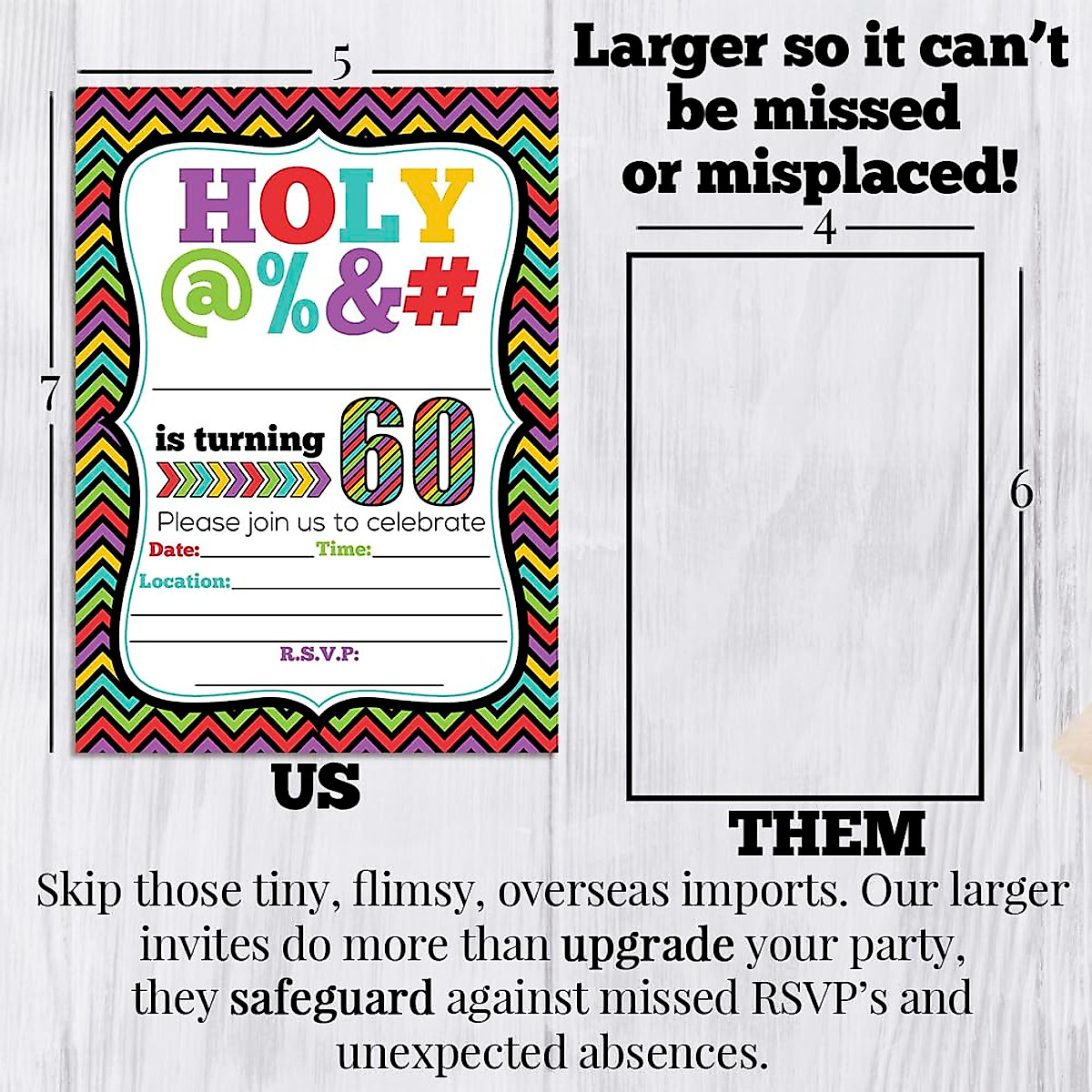 HOLY @% 60th Birthday Party Invitations, 20 Funny 5x7 Fill In Cards with Twenty White Envelopes for Milestone Birthdays by AmandaCreation