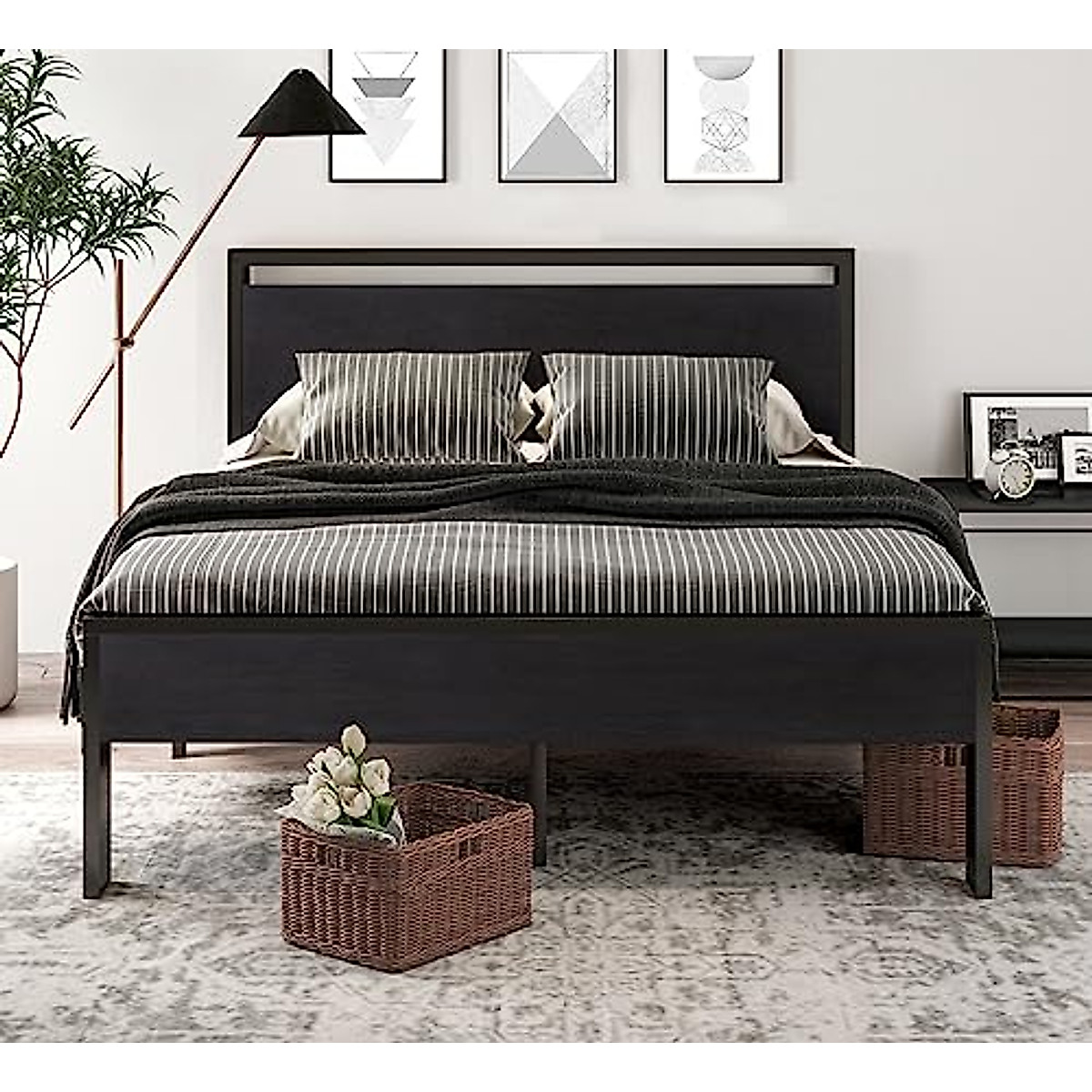 SHA CERLIN 14 Inch Queen Size Metal Platform Bed Frame with Wooden Headboard and Footboard, Mattress Foundation, No Box Spring Needed, Large Under Bed Storage, Without Noise, Black Oak