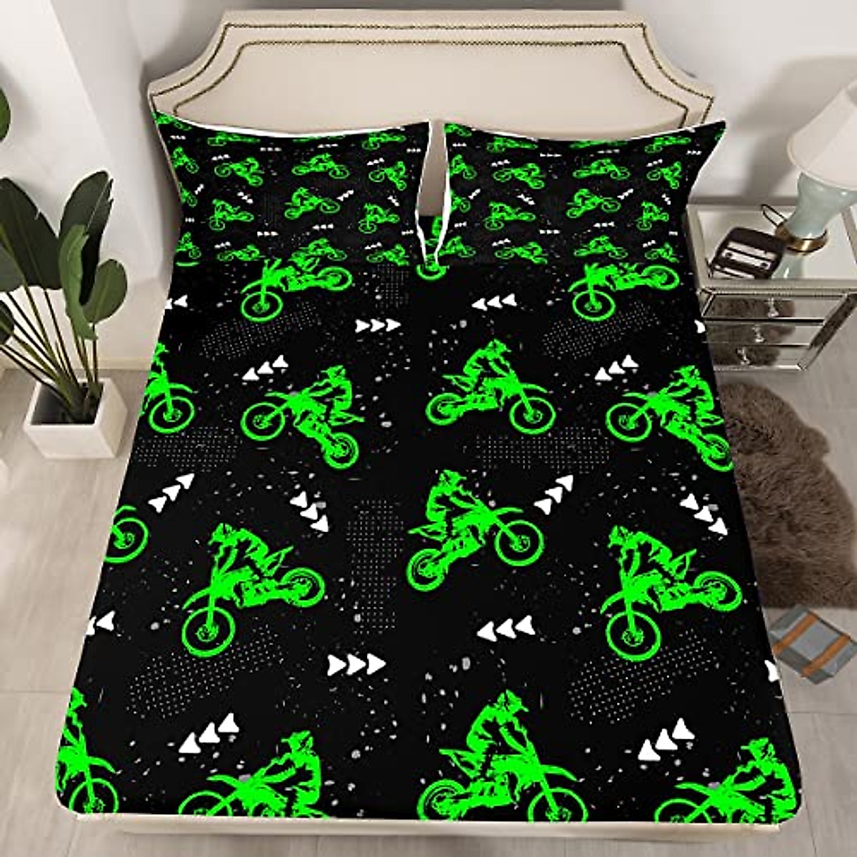 Motorbike Kids Sheet Twin Size,Extreme Sports Games Bedding Set,Girls Boys Adults Room Decor,Motorcycle Racing Modern Fashion Black Green Neon Bed Sheet Set 3pcs(Fitted + Flat + 1 Pillowcase)