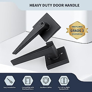 LOQRON Heavy Duty Entrance Door Lever Keyed Entry Door Handle with Lock and Keys Reversible for Matte Black Handle for Bedroom, Office or Front Door